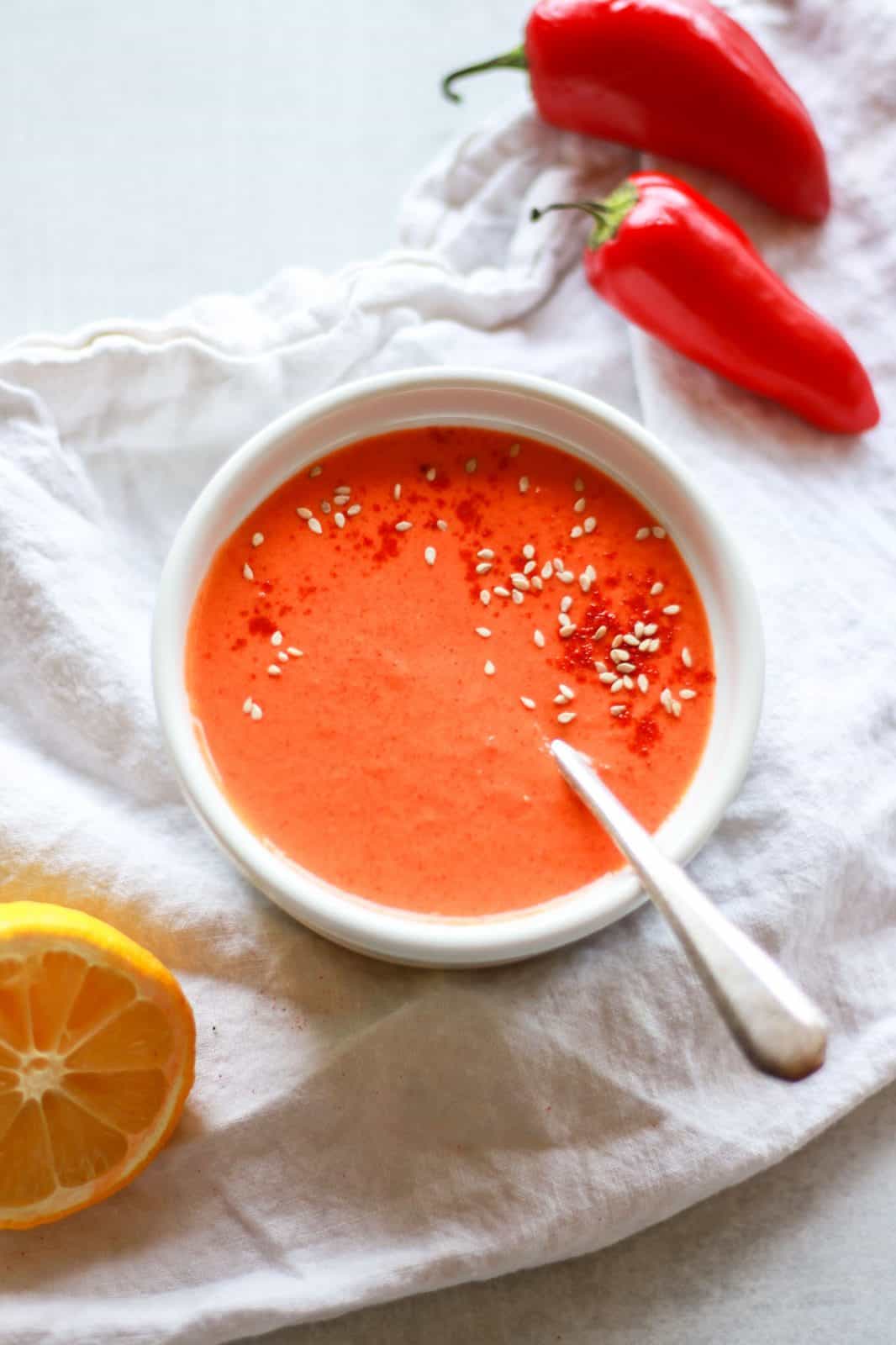 Creamy Roasted Red Pepper Tahini Sauce (Vegan, Oil-Free) - Zen and Zaatar